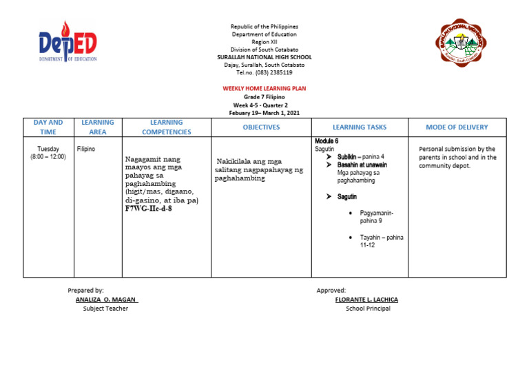 Grade 7 Filipino Learning Plan | PDF | Philippines