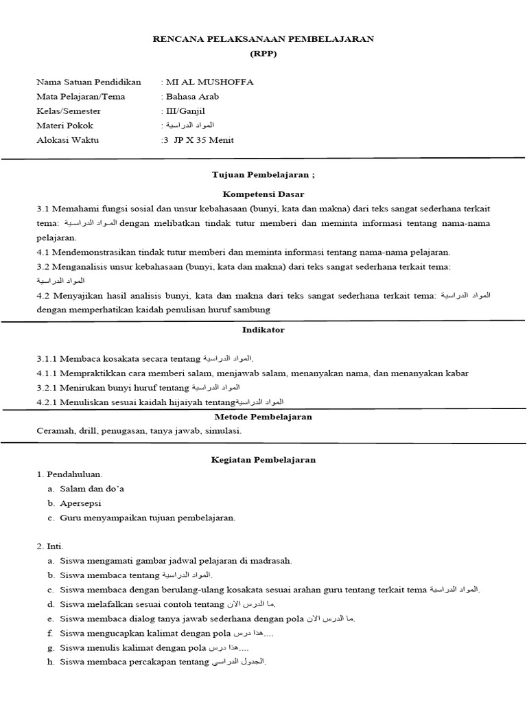 RPP Bahasa Arab KLS 3 - 2023 2024 | PDF