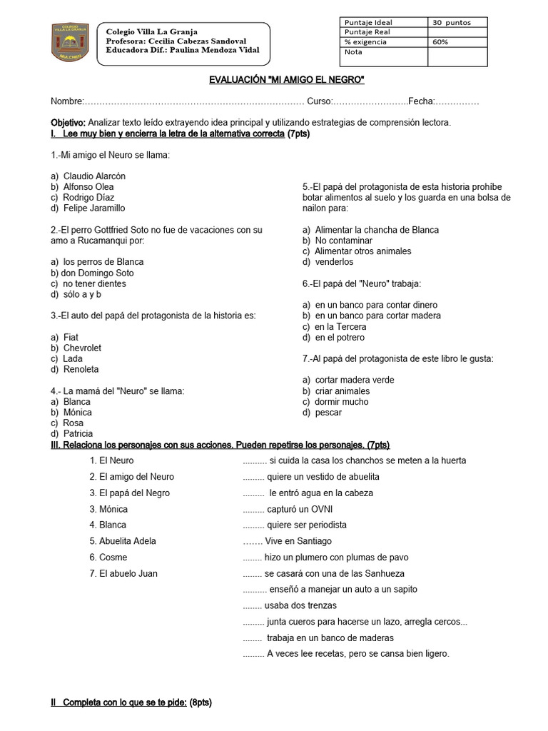 Evaluación de "Mi Amigo el Negro" | PDF