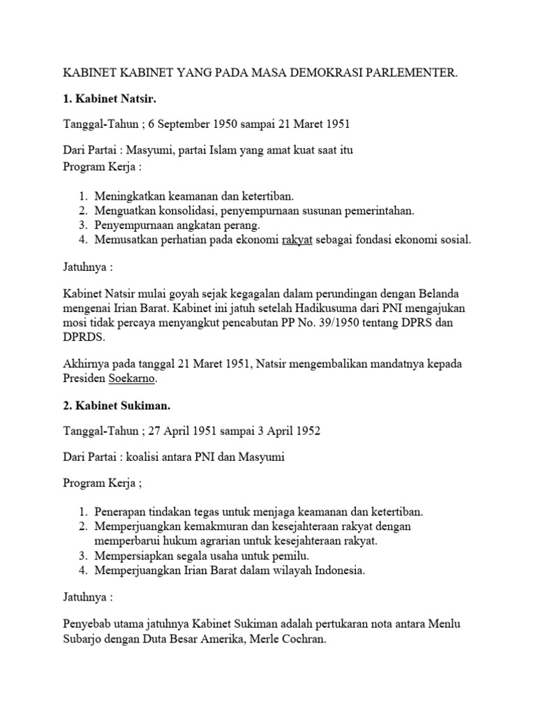 Kabinet Kabinet Yang Pada Masa Demokrasi Parlementer Pdf 