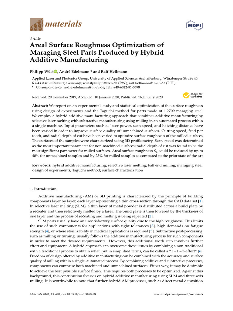 Areal Surface Roughness Optimization of Maraging Steel Parts Produced ... Areal Surface Roughness Optimization of Maraging Steel Parts Produced ...