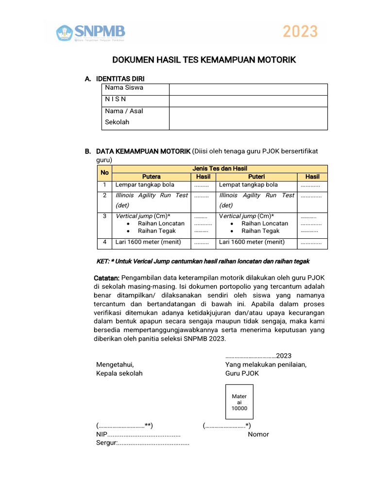 02 Template Hasil Tes Keterampilan Motorik (Porto Olahraga 2023) | PDF