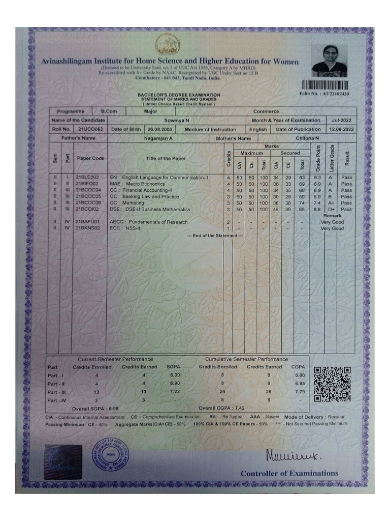 II Sem Marksheet | PDF