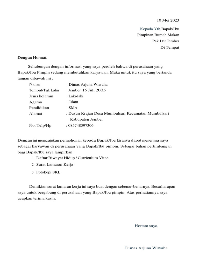Lamaran Kerja ke Pak Der Jember | PDF
