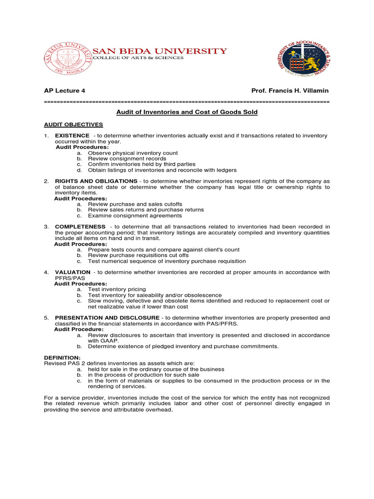 SBU AP Lecture 4 - Audit of Inventories and Cost of Goods Sold T1AY2324 | PDF