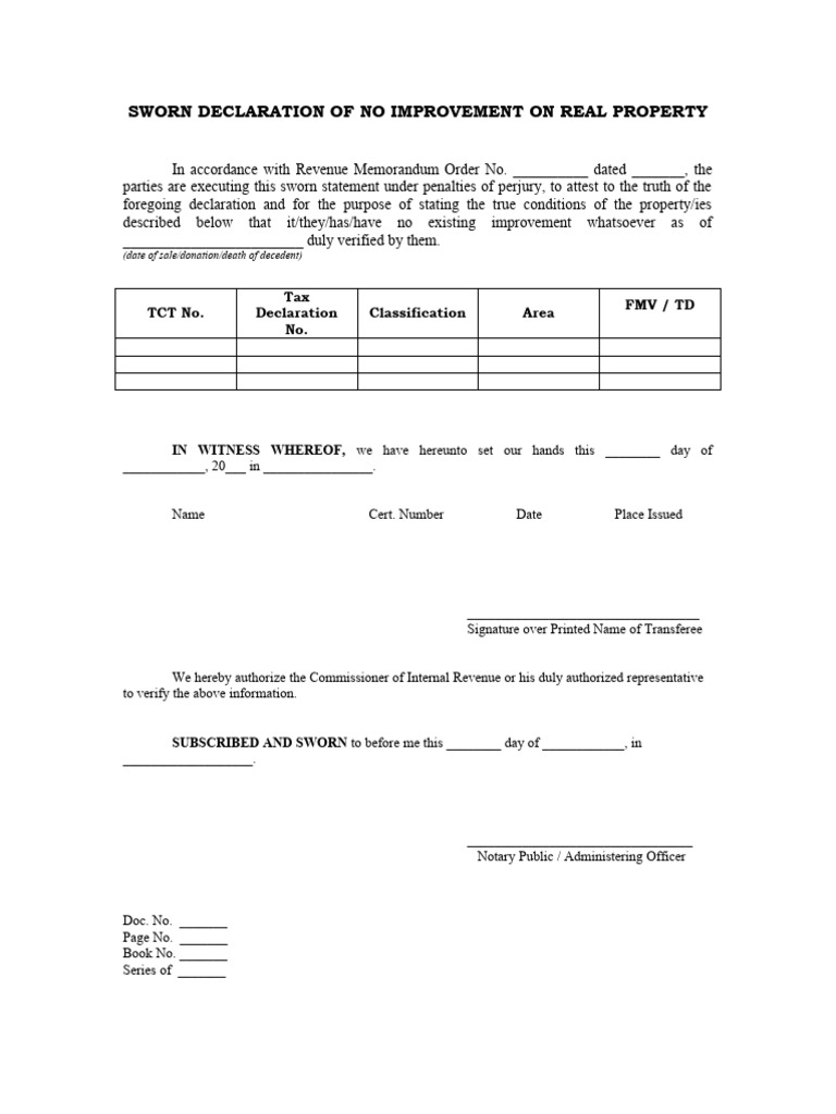 Sworn Declaration of No Improvement On Real Property | PDF