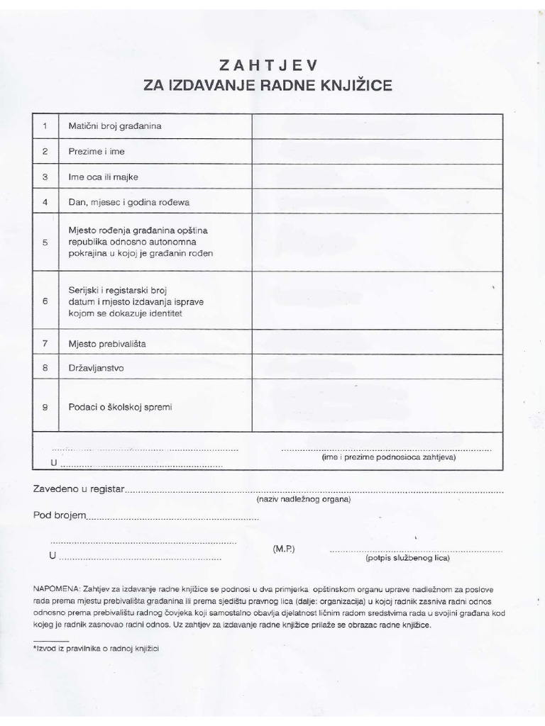 Zahtjev Za Izdavanje Radne Knjizice | PDF