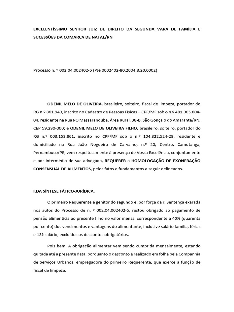 Acordo para Exoneração de Alimentos - Odenil e Odenil Filho | PDF