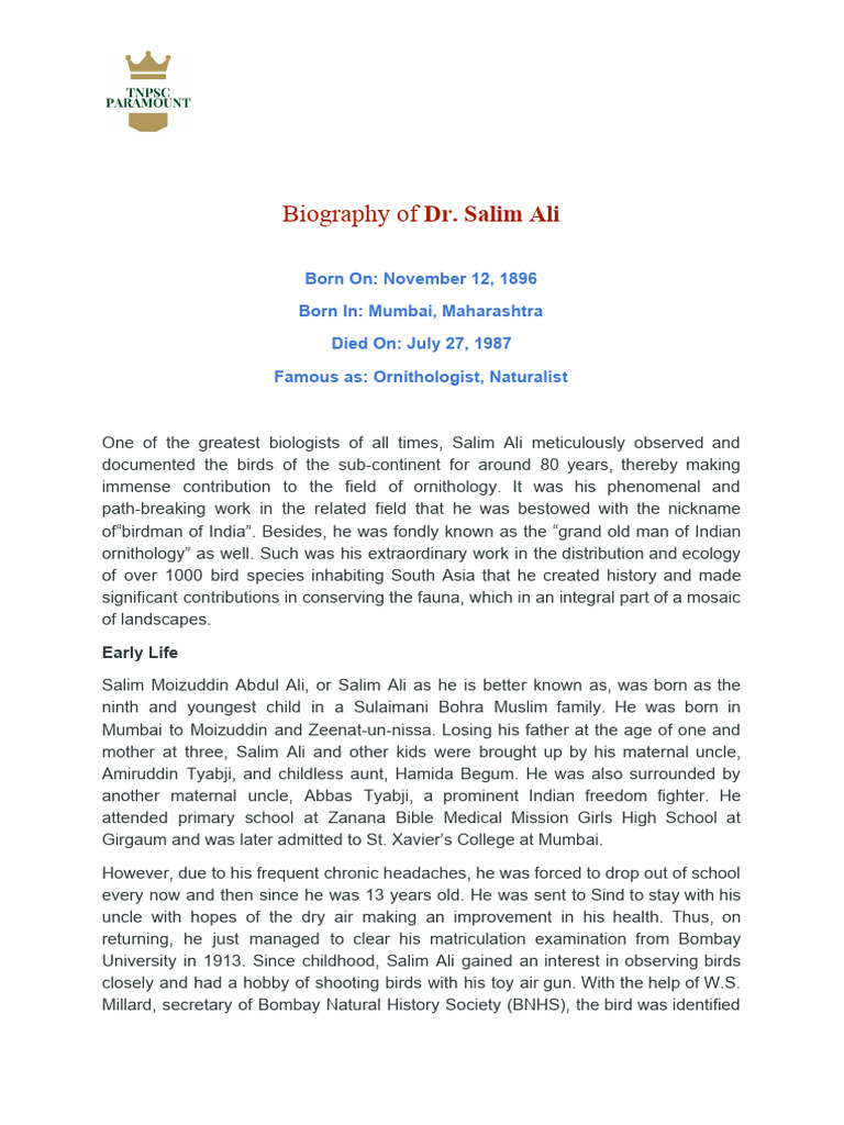 Dr. Salim Ali: Life and Legacy | PDF | Ornithology
