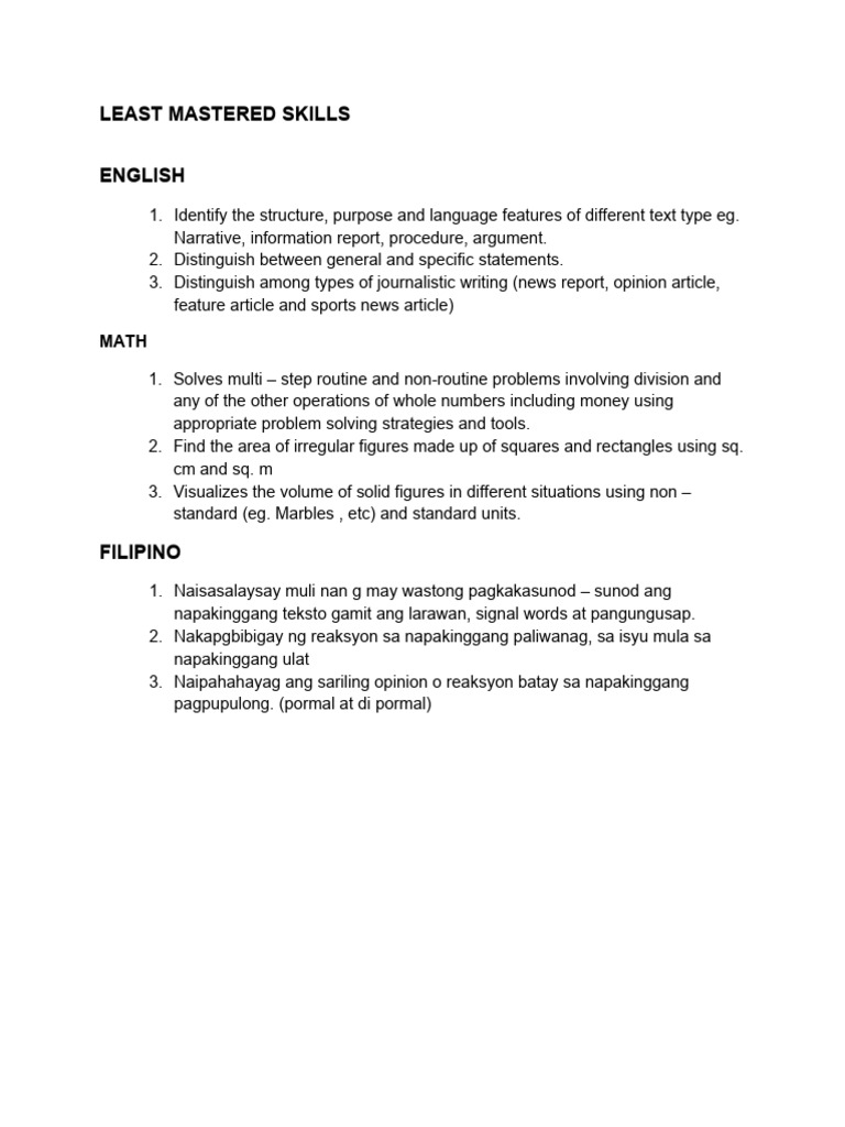 Grade4-Least Mastered Skills | PDF