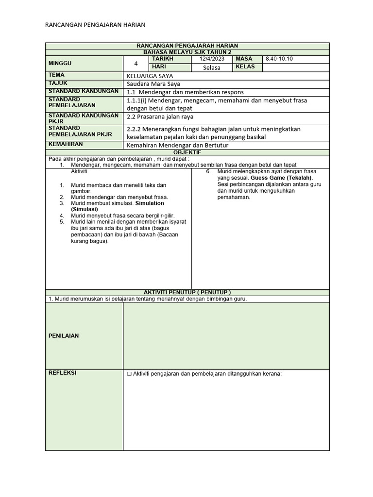 RPH Minggu 3 BM SJK THN 2 by Cikgu Gorgeous | PDF