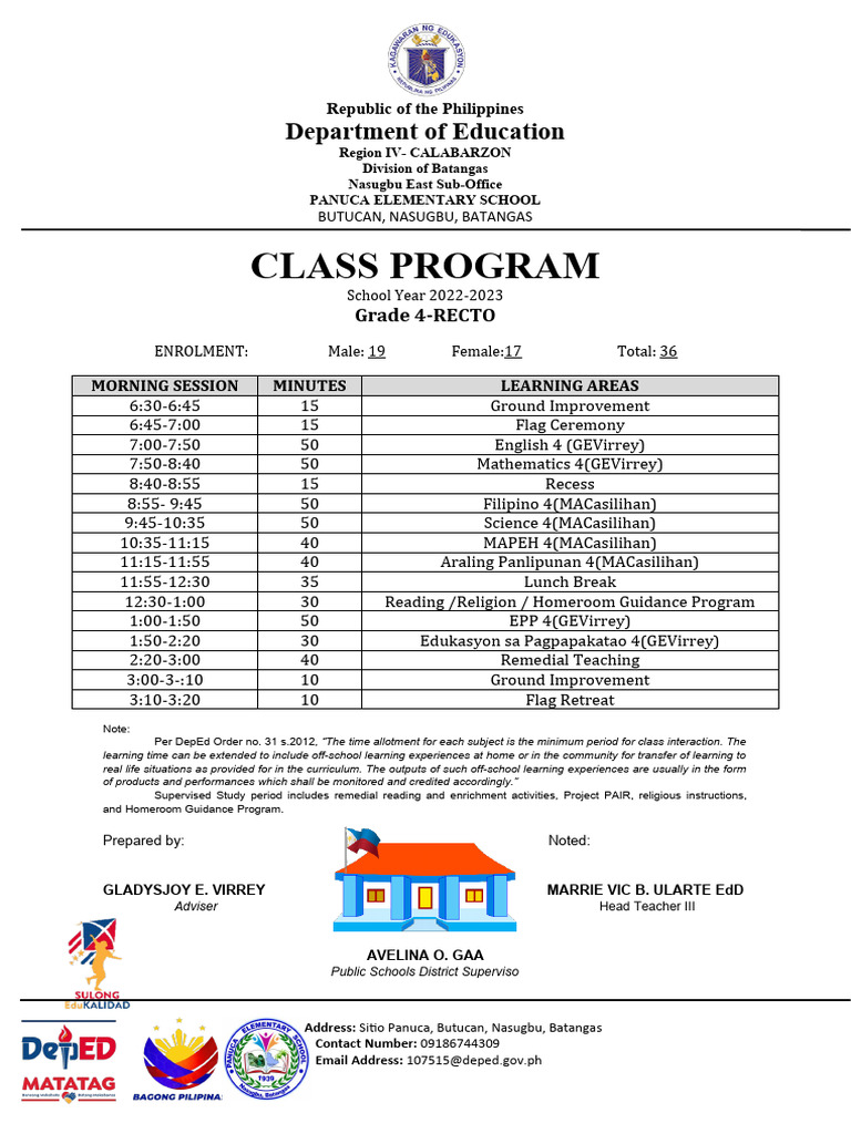 CLASS PROGRAM Grade 4 | PDF