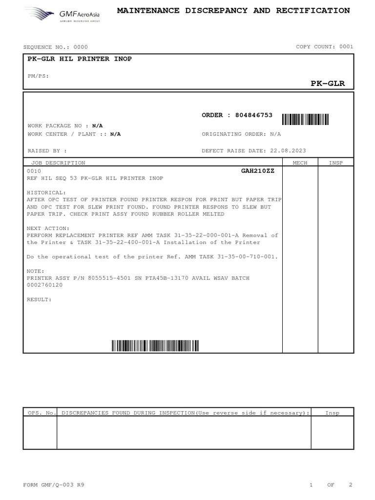 Msao PK-GLR Hil Printer Inop | PDF | Aircraft | Aviation