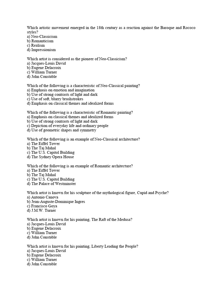 Arts Quiz | PDF | Romanticism | Style