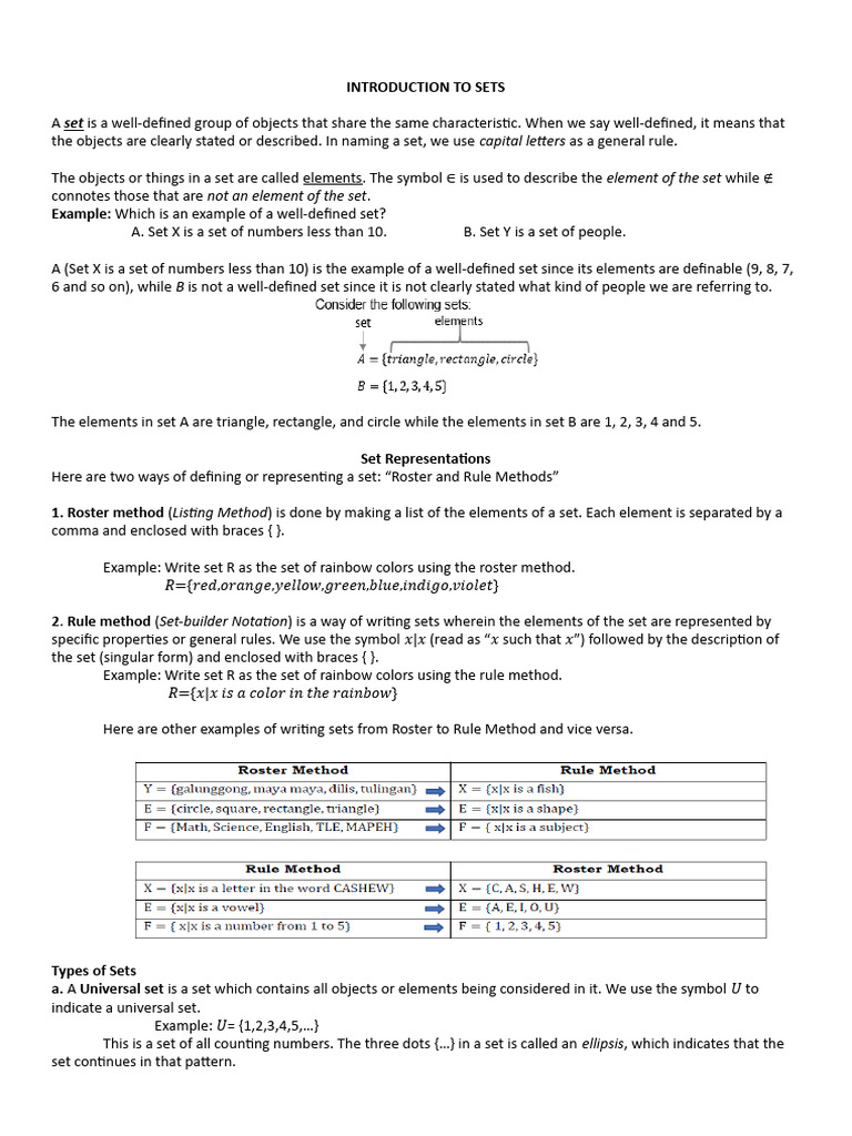 Introduction To Sets | PDF | Ellipsis | Set (Mathematics)