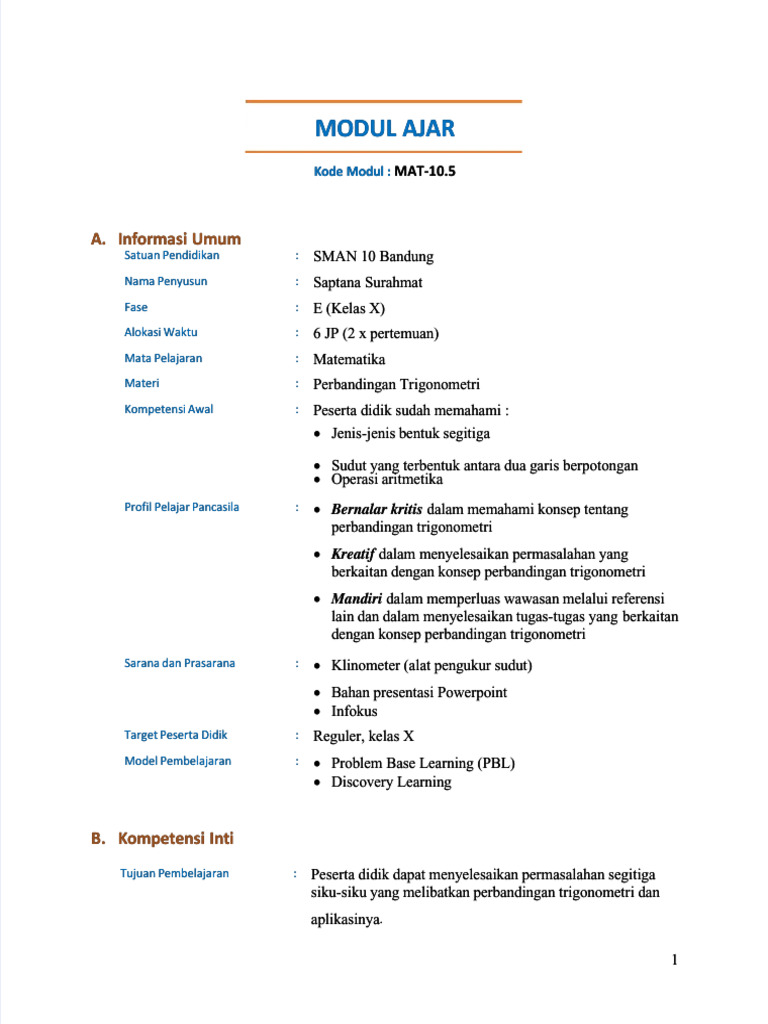 PDF 05a Modul Ajar Mat 10 5 Perbandingan Trigonometri - Compress | PDF