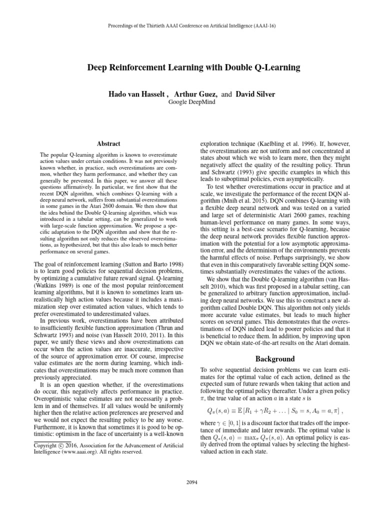 Deep Reinforcement Learning With Double Q-Learning | PDF
