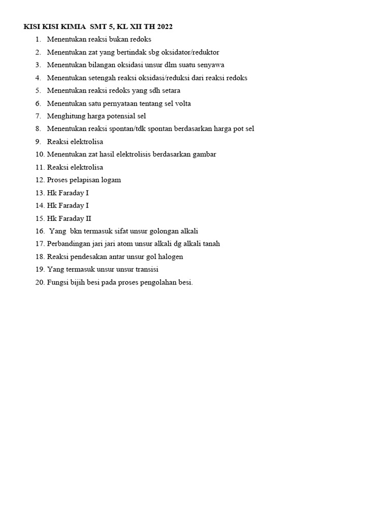 Kisi-Kisi Soal PAS Kimia 2022-2023 | PDF | Seni | Sains & Matematika