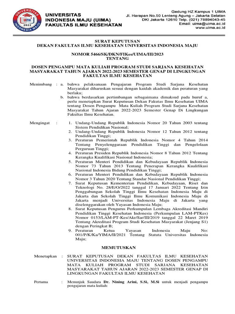 SK Dosen Pengampu FIKes UIMA | PDF | Komputer