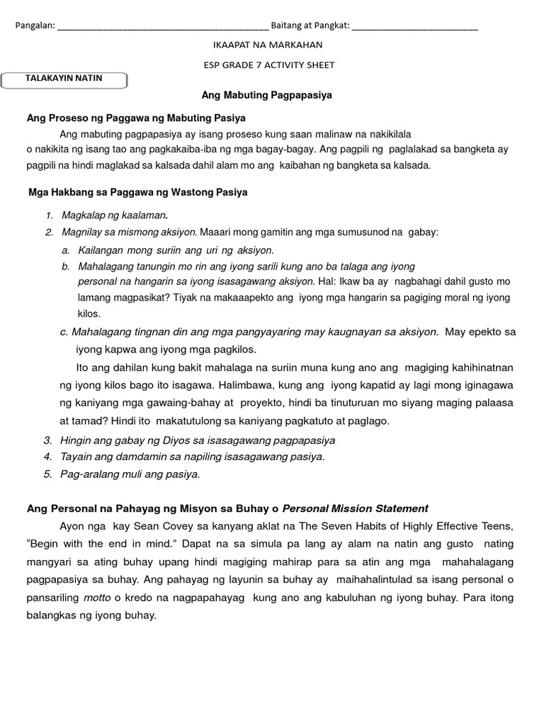 Grade 7 EsP Activity Sheet | PDF