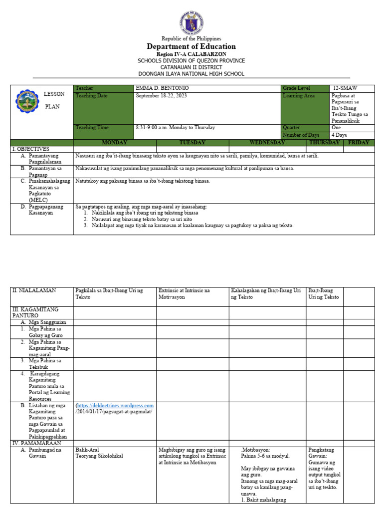 DLL 1. Tagalog Pagbasa Q1 Week 3 | PDF