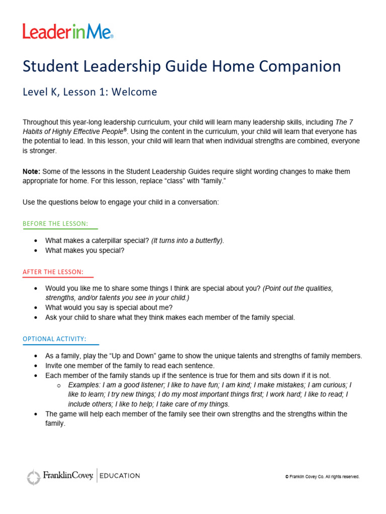 Level K - Student Leadership Guide Home Companion | PDF