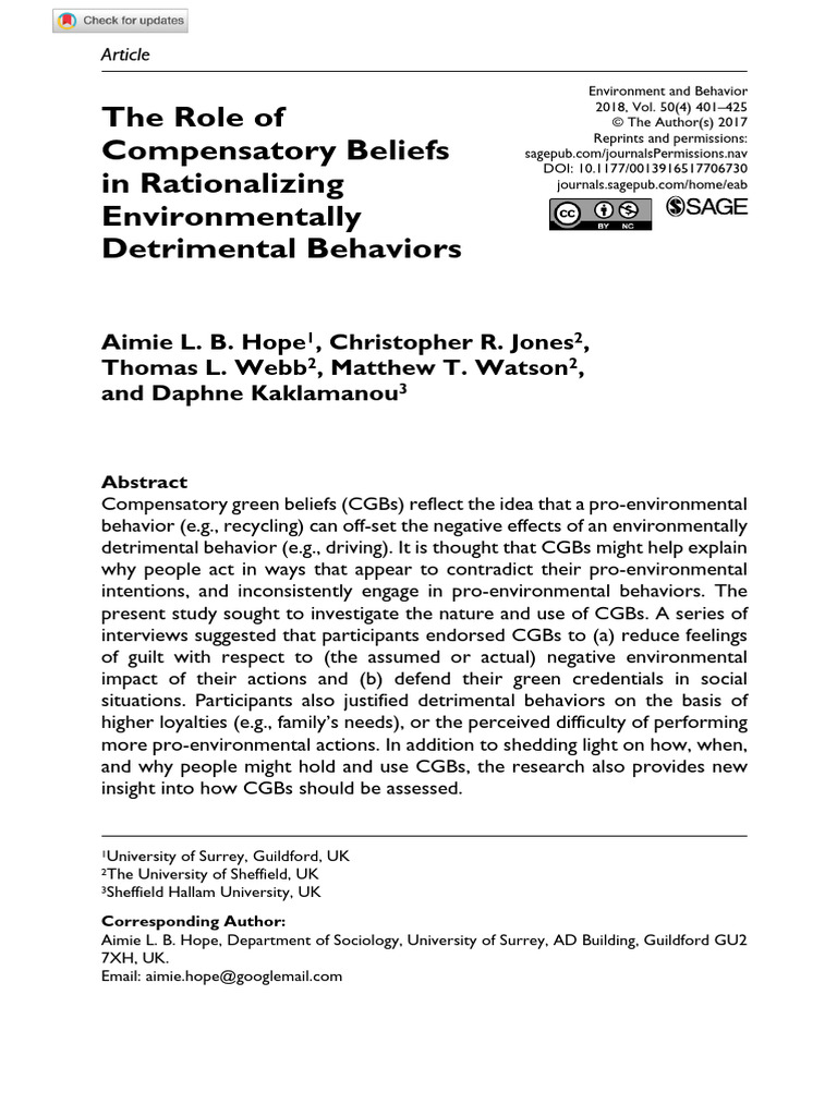 Hope Et Al 2017 The Role of Compensatory Beliefs in Rationalizing ...