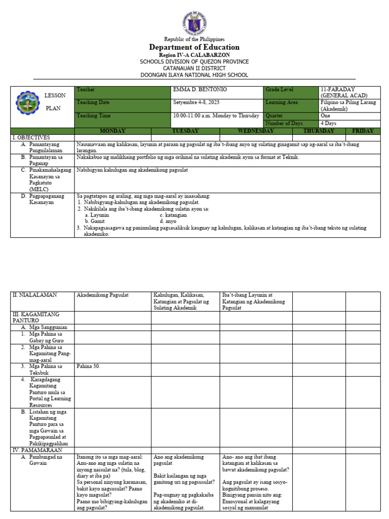DLL 1. Tagalog Piling Larang Setyembre 4-8, 2023 | PDF