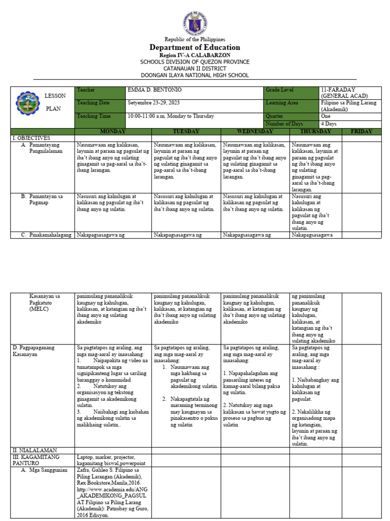 DLL 1. Tagalog Piling Larang Setyembre 23-29, 2023 | PDF