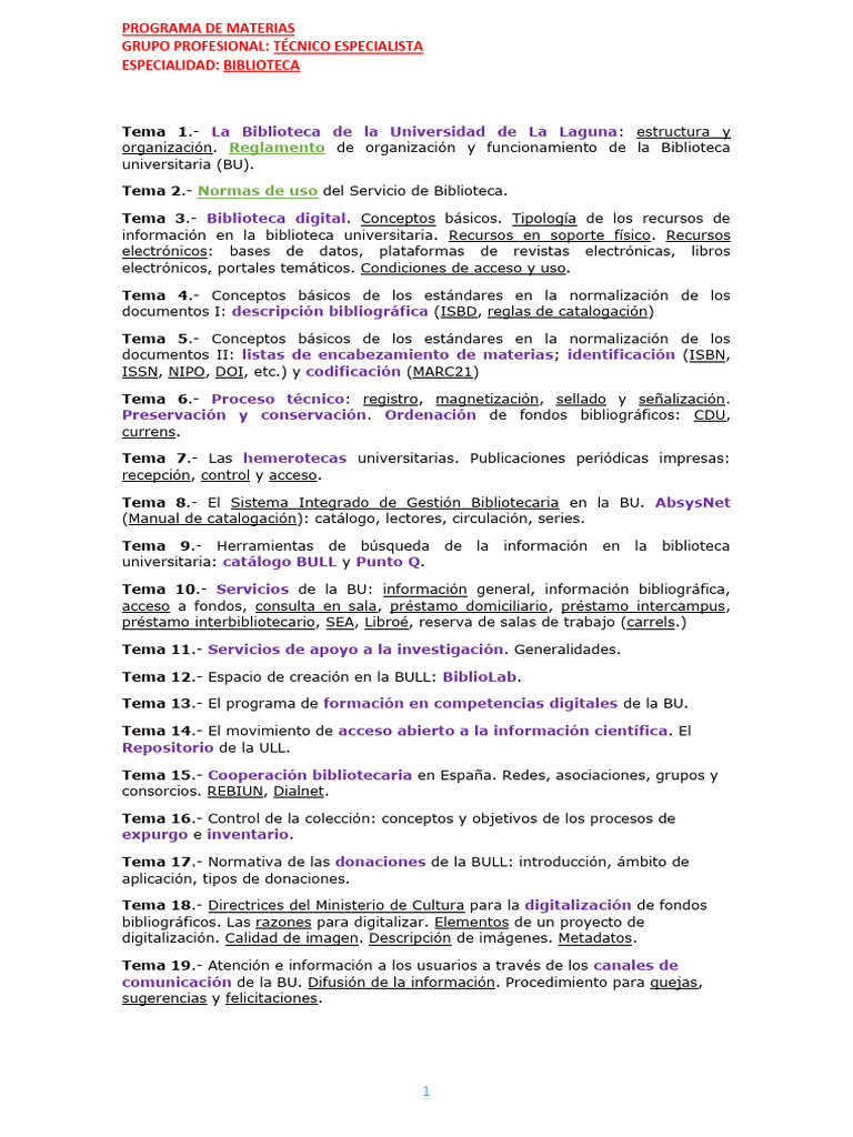 Temario Técnico Especialista Biblioteca | PDF | Bibliotecas | Informática