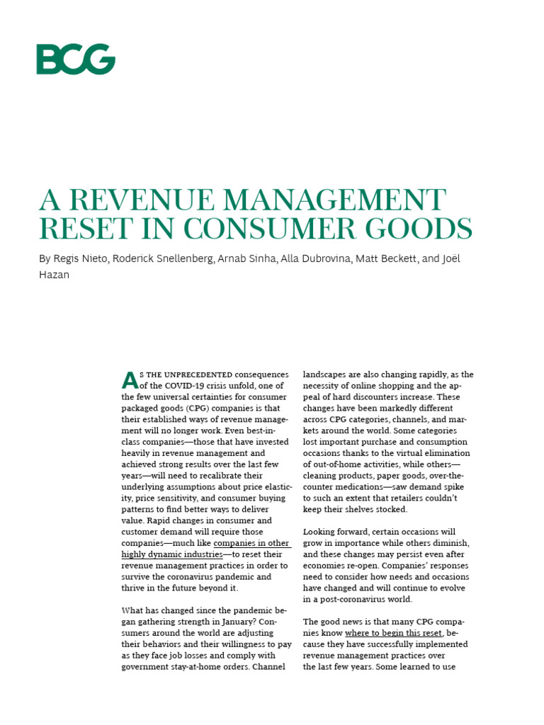 BCG Publication - A Revenue Management Reset in Consumer Goods | PDF