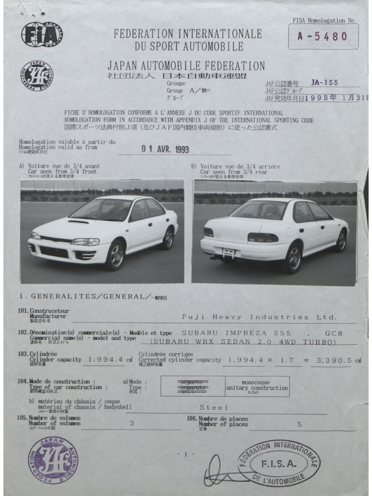 Homologation Form Number 5480 Group A | PDF