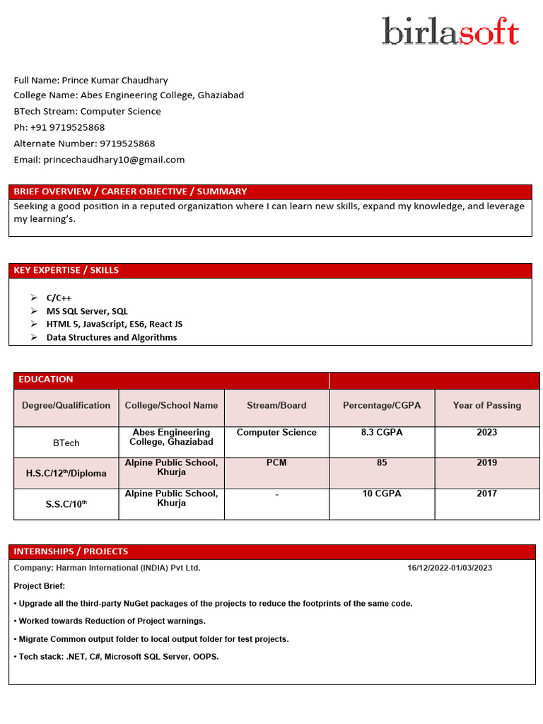 Birlasoft Resume Sample | PDF | Web Application | Java Script
