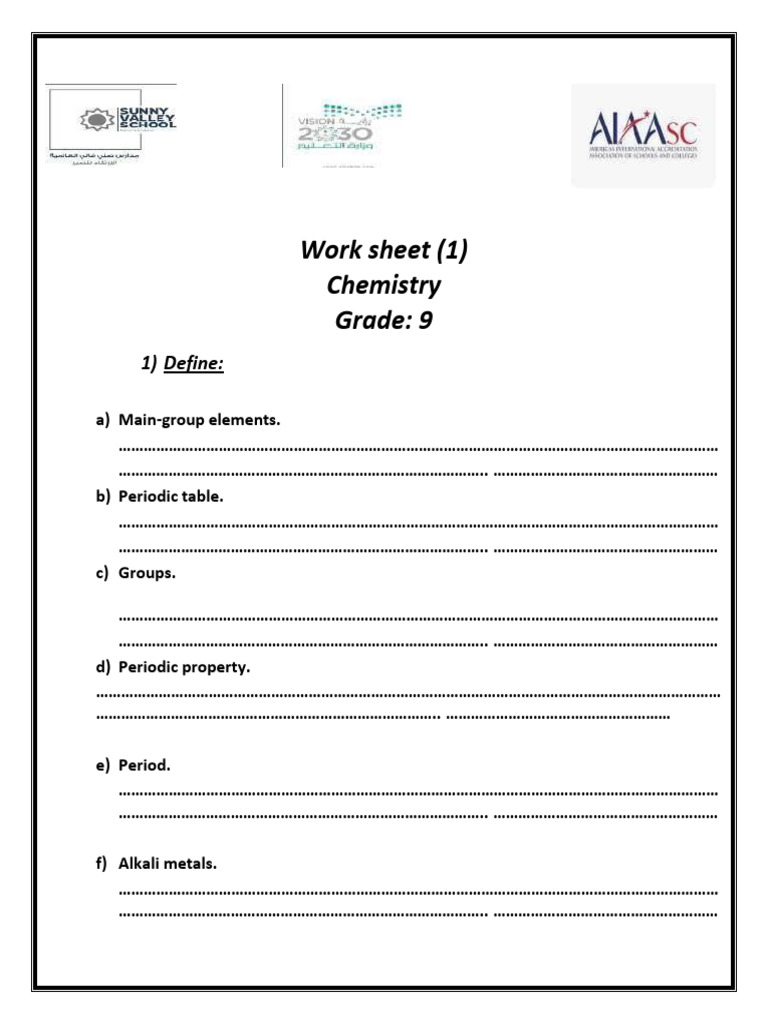 Work Sheet - Chemistry .Grade 9 | PDF | Materials | Atomic Physics