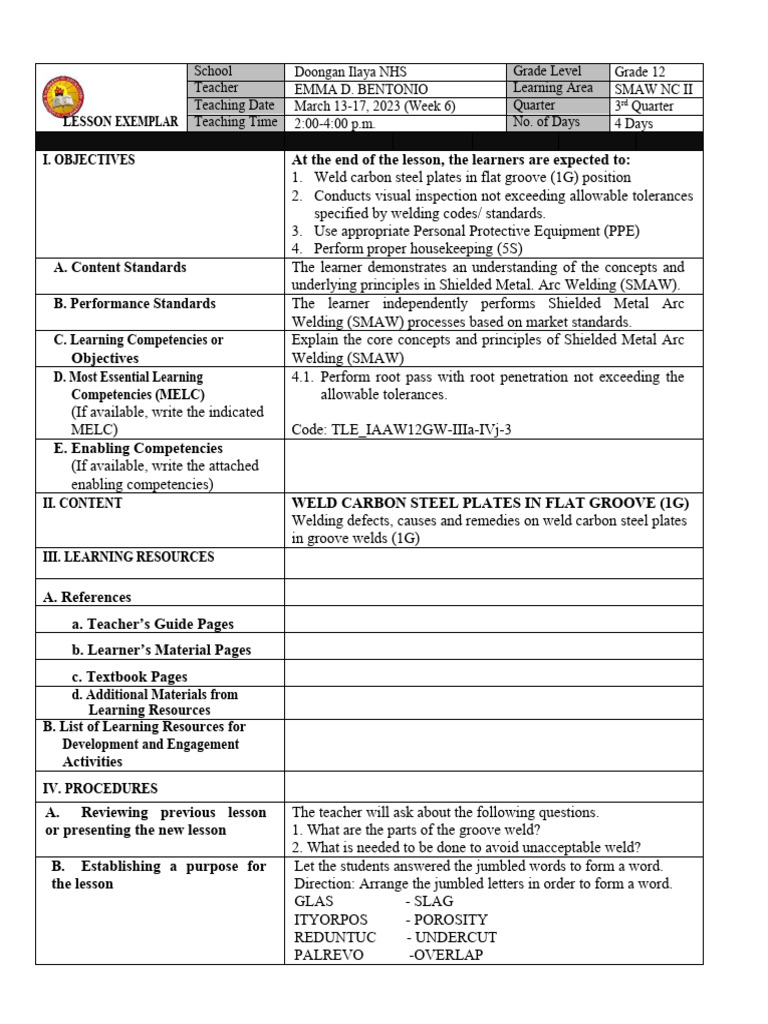 Grade 12 SMAW NC II Lesson Plan | PDF
