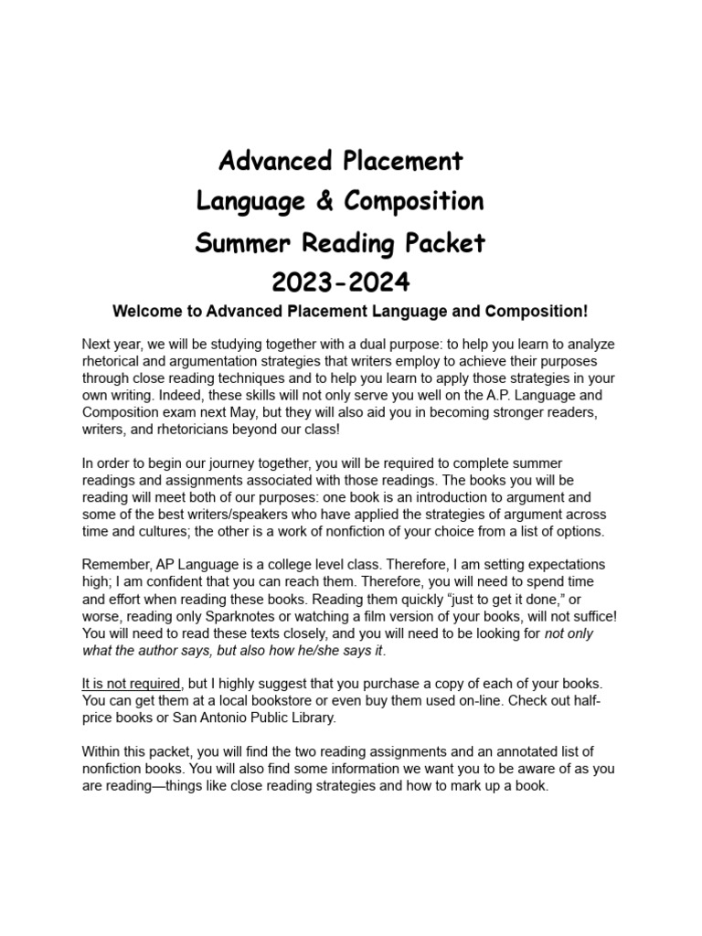 AP English Language - Composition Summer Reading Packet 22-23 | PDF