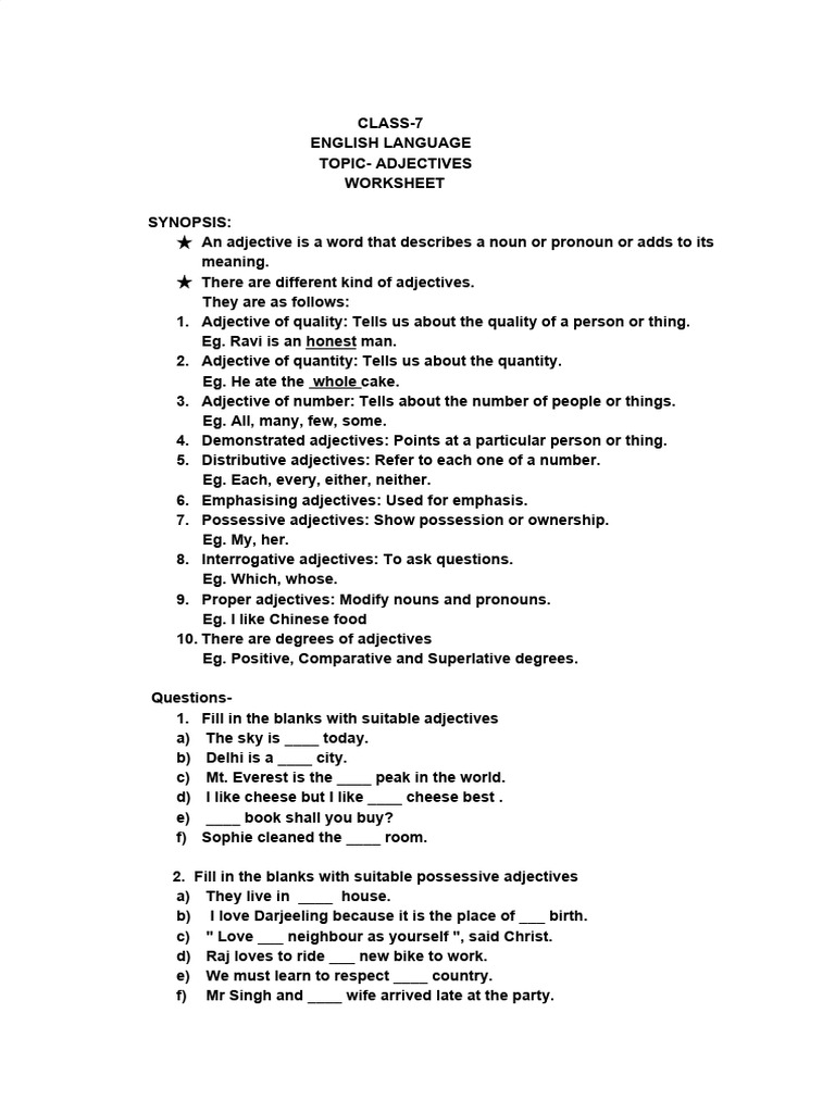 Class 7 English Language Topic Adjectives Worksheet | PDF | Adjective | Semantics