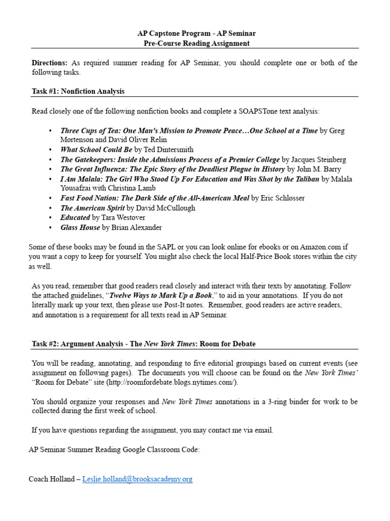 AP Seminar Summer Reading Assignments 2023-2024 School Year | PDF ...
