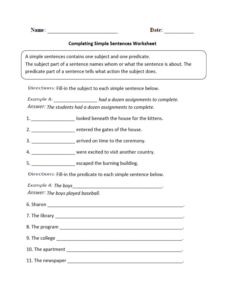 Completing Simple Sentences Worksheet | PDF