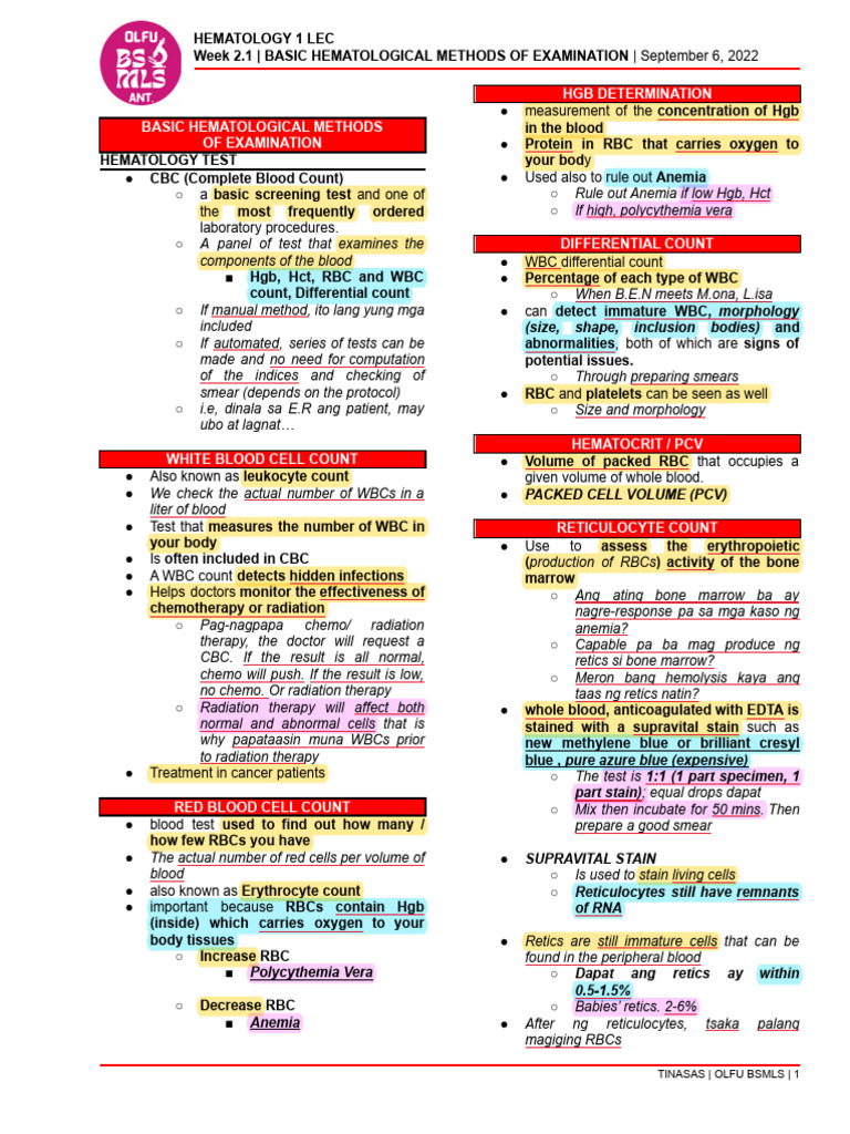 Hema 1 Lec Week 2 Combined | Download Free PDF | Tissue (Biology) | Histology