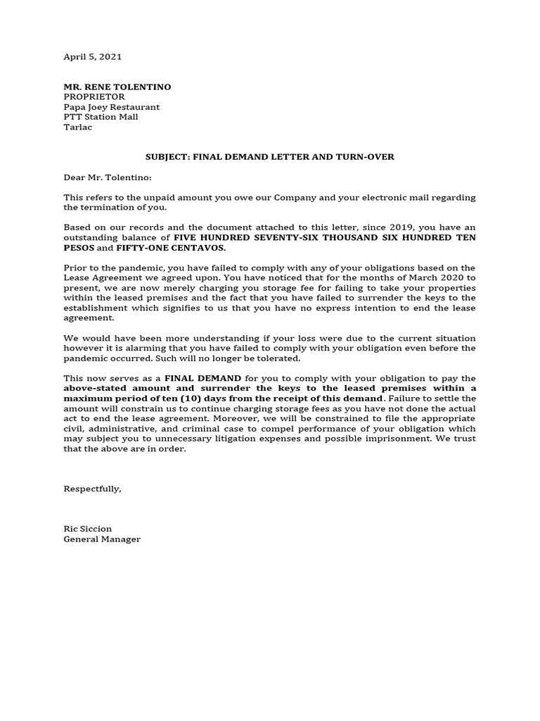 Papa Joey's Demand Letter 3 | PDF