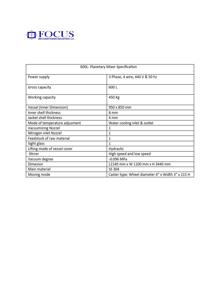 Planetary Mixer-Specification | PDF