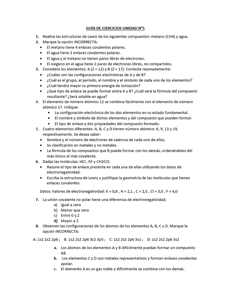GUÍA DE EJERCICIOS n5 | PDF | Enlace covalente | Enlace químico