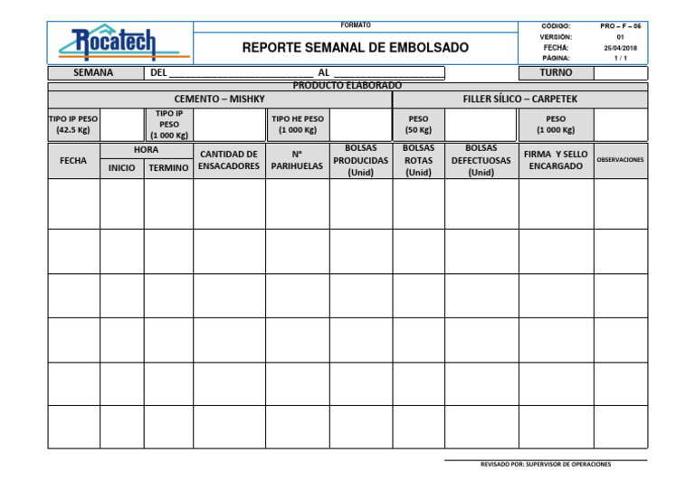 PRO-F-05 Reporte Semanal de Embolsado | PDF