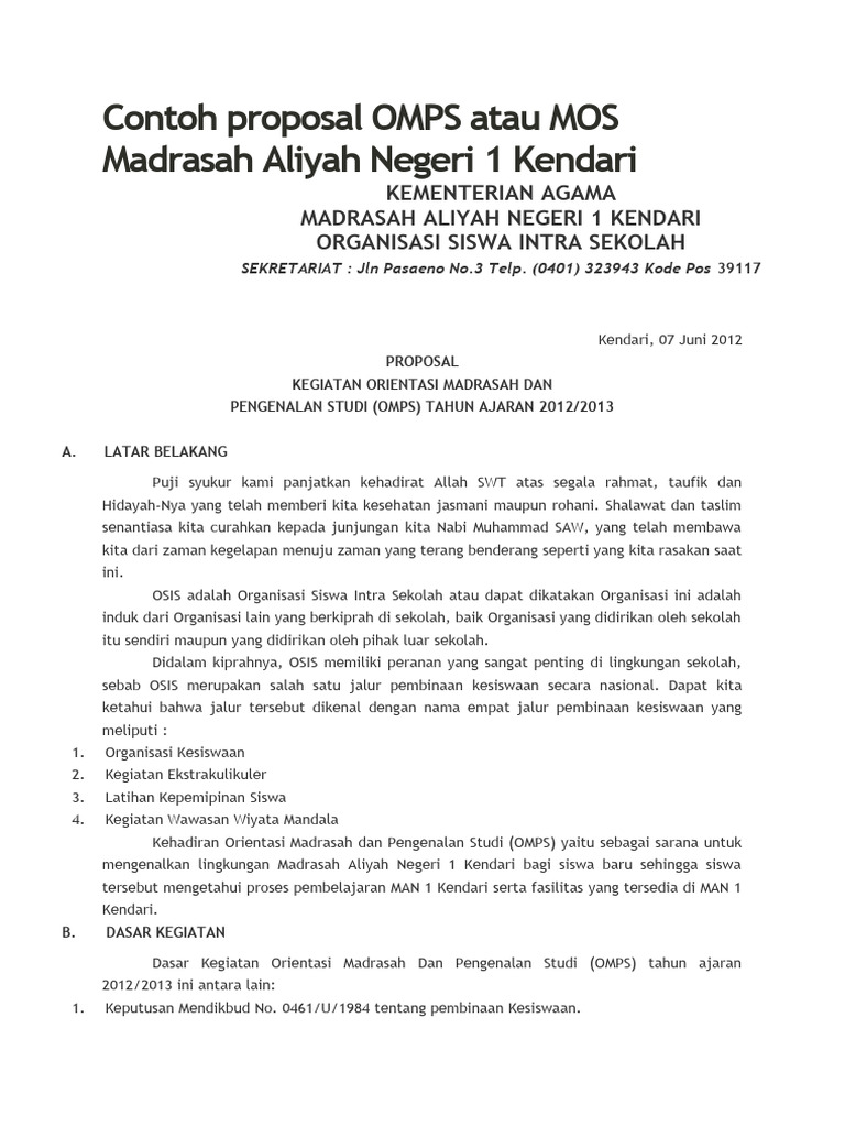 Contoh Proposal OMPS Atau MOS Madrasah Aliyah Negeri 1 Kendari | PDF