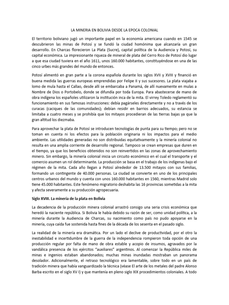 La Mineria en Bolivia Desde La Epoca Colonial | PDF