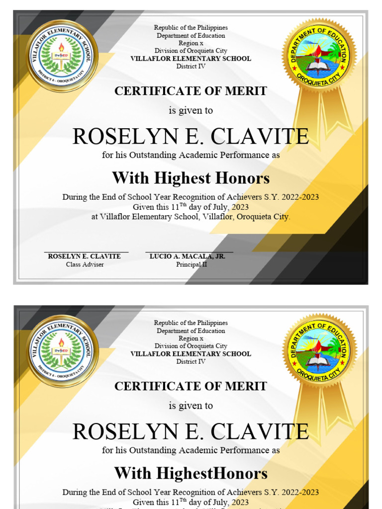 Certificate of Merit for Roselyn Clavite | PDF | Government