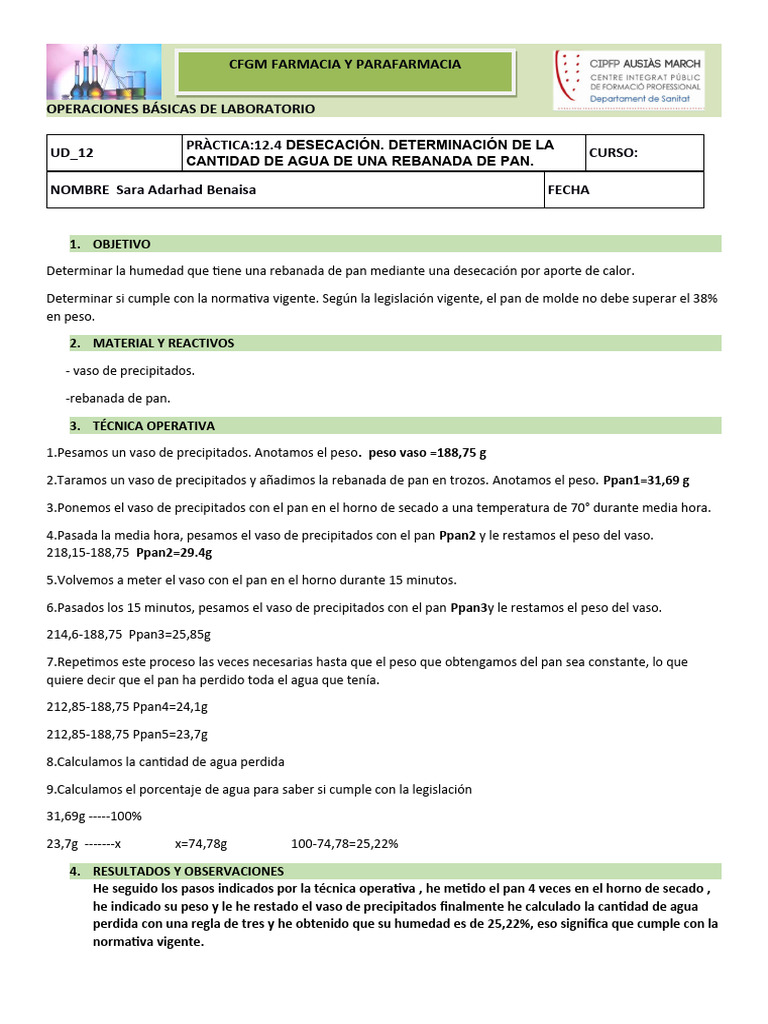 Humedad en Pan: Método de Desecación | PDF
