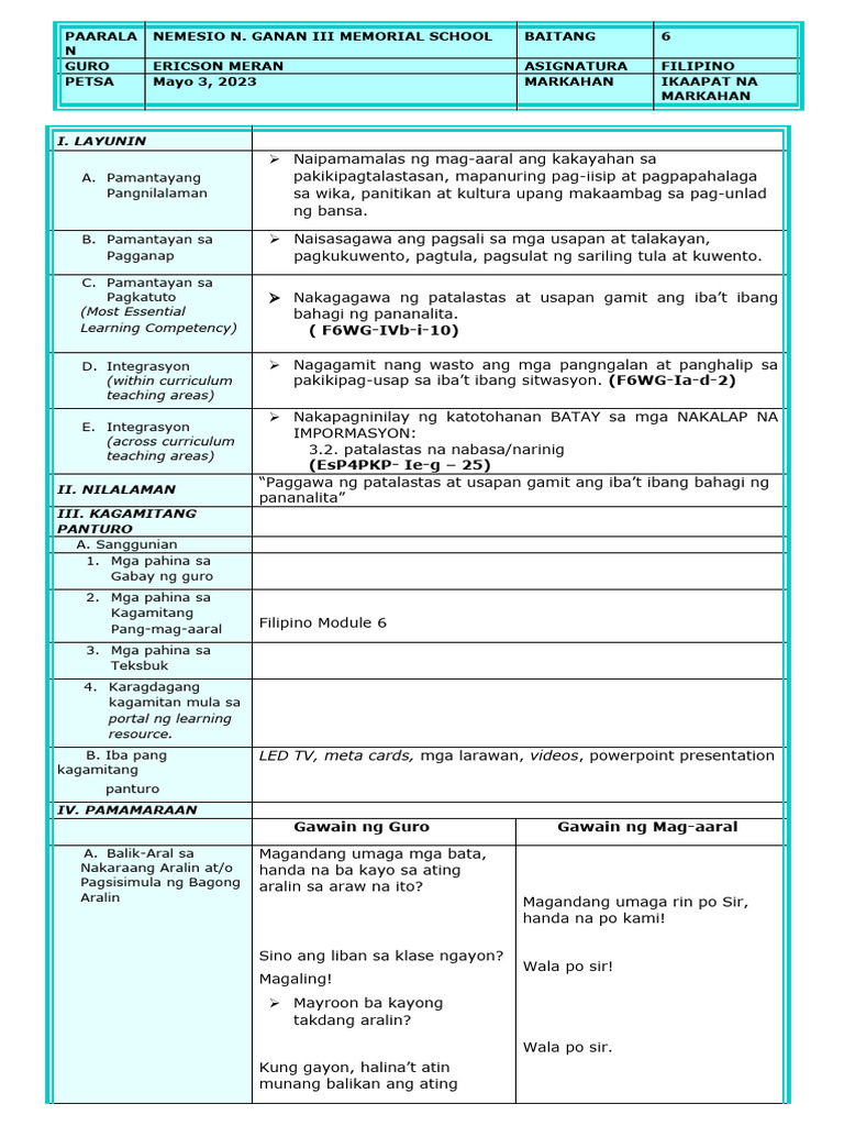 Demostration Lesson Plan in Filipino6 | PDF