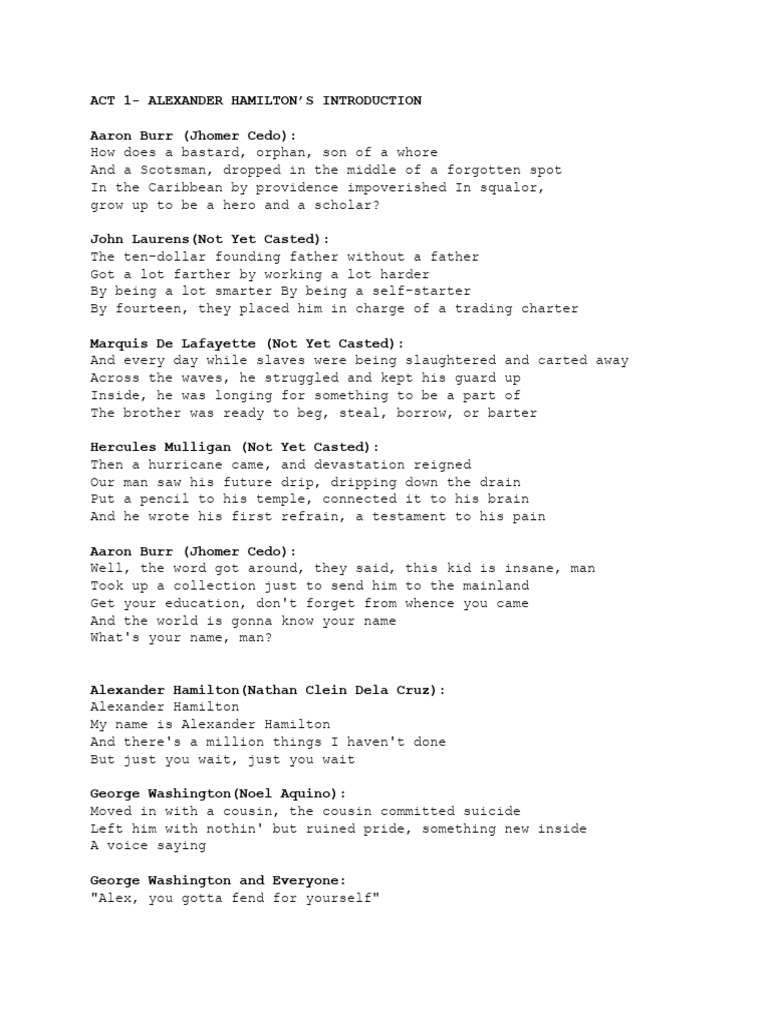 Alexander Hamilton Act 1 Introduction | PDF | Young Adult | Classics